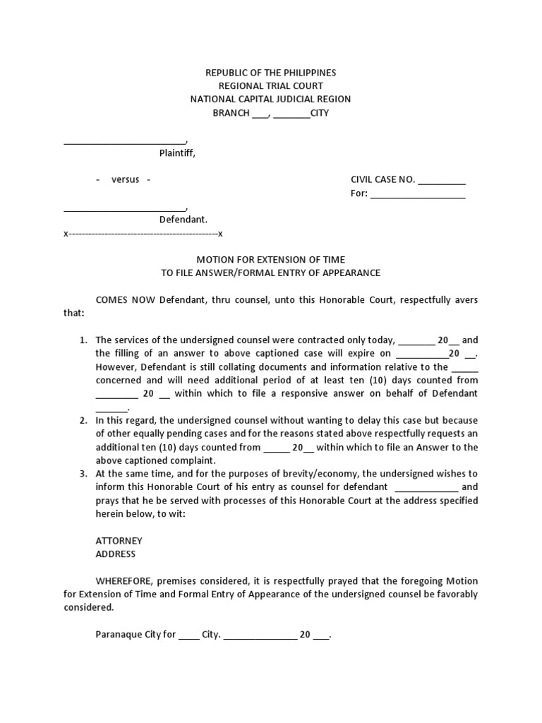 Motion For Extension of Time To File Answer and Notice of Appearance | PDF