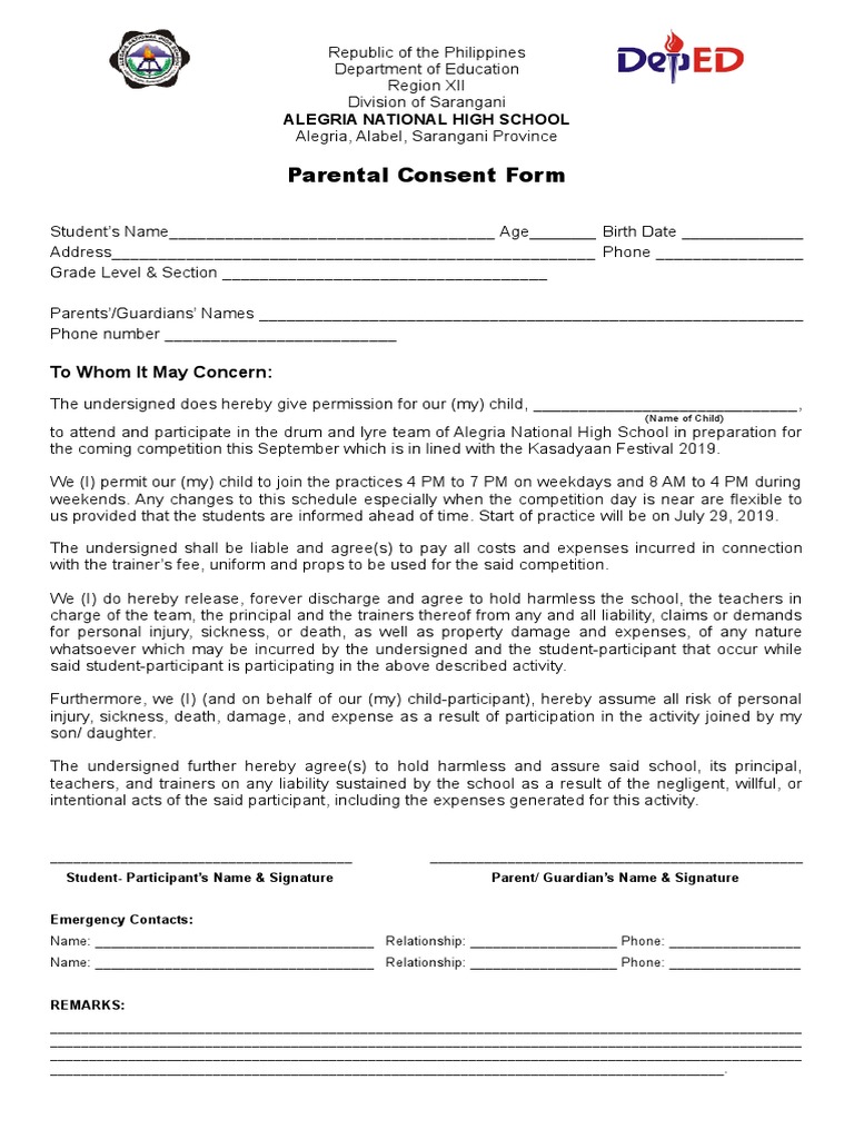 Parents Consent For Band Competition | Download Free PDF | Indemnity ...