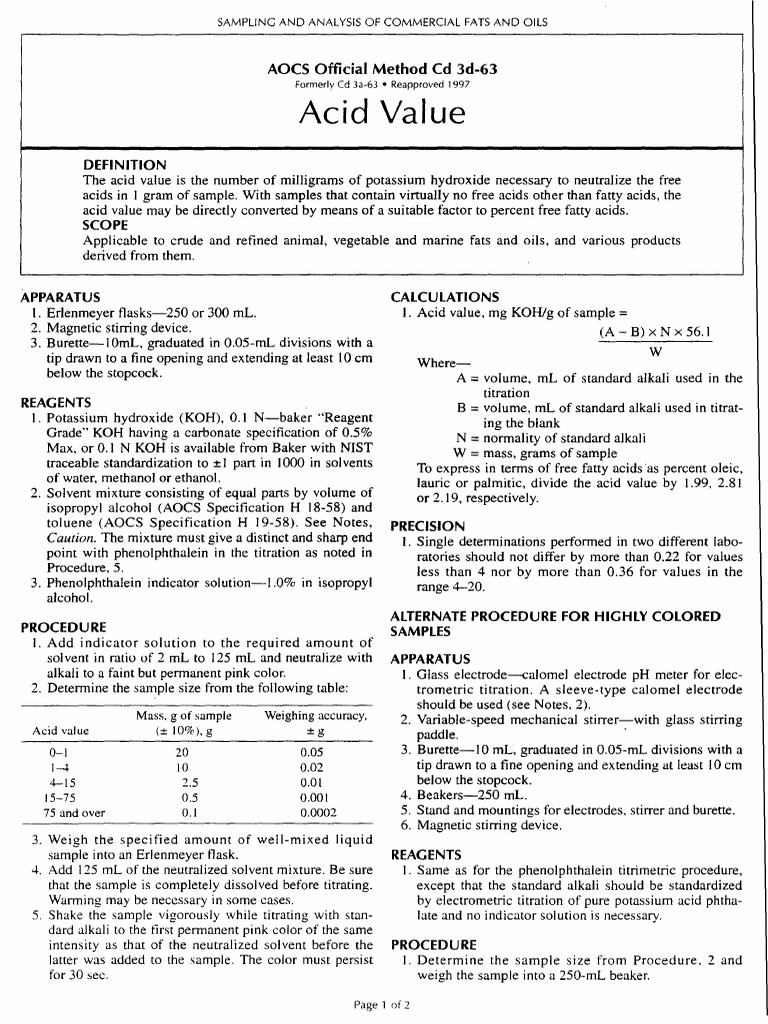 AOCS CD 3d-63 (Reapproved 1997) Acid Value | PDF