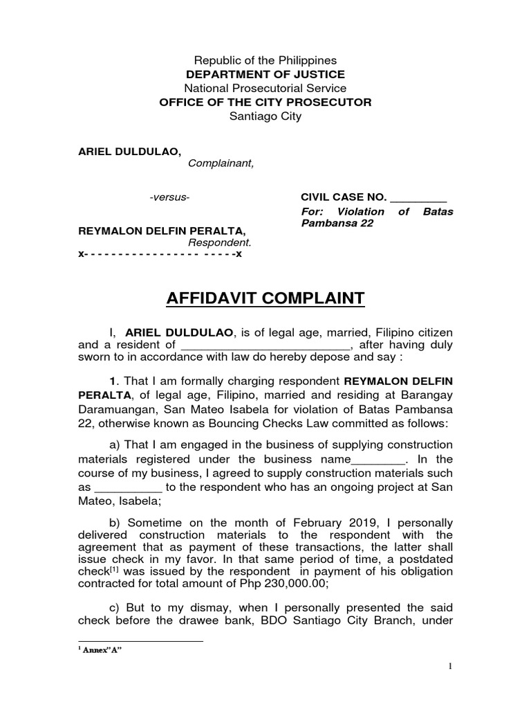 Affidavit Complaint Duldulao (Bp22) | PDF | Payments | Justice
