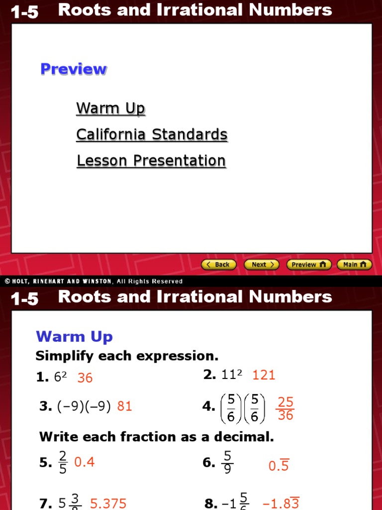 1-5 Roots and Irrational Numbers | PDF | Numbers | Rational Number