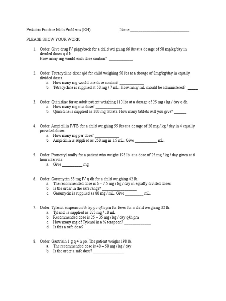 Pediatric Practice Math Problems | PDF | Dose (Biochemistry) | Chemistry