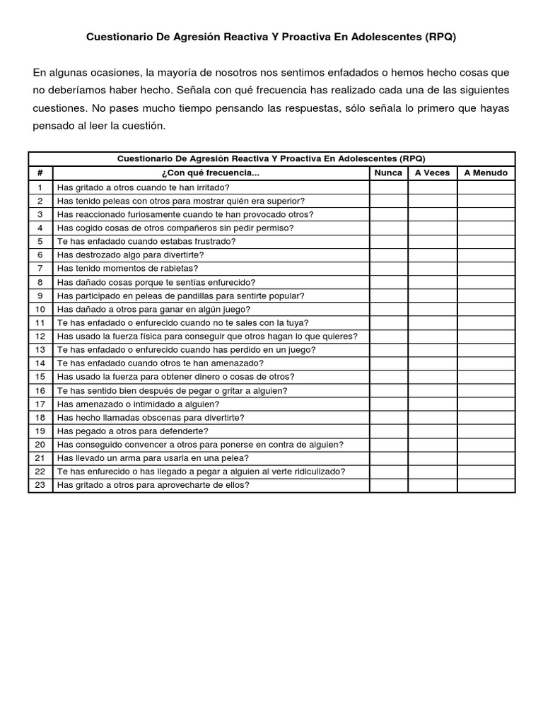 Cuestionario de Agresión Reactiva Y Proactiva en Adolescentes | PDF
