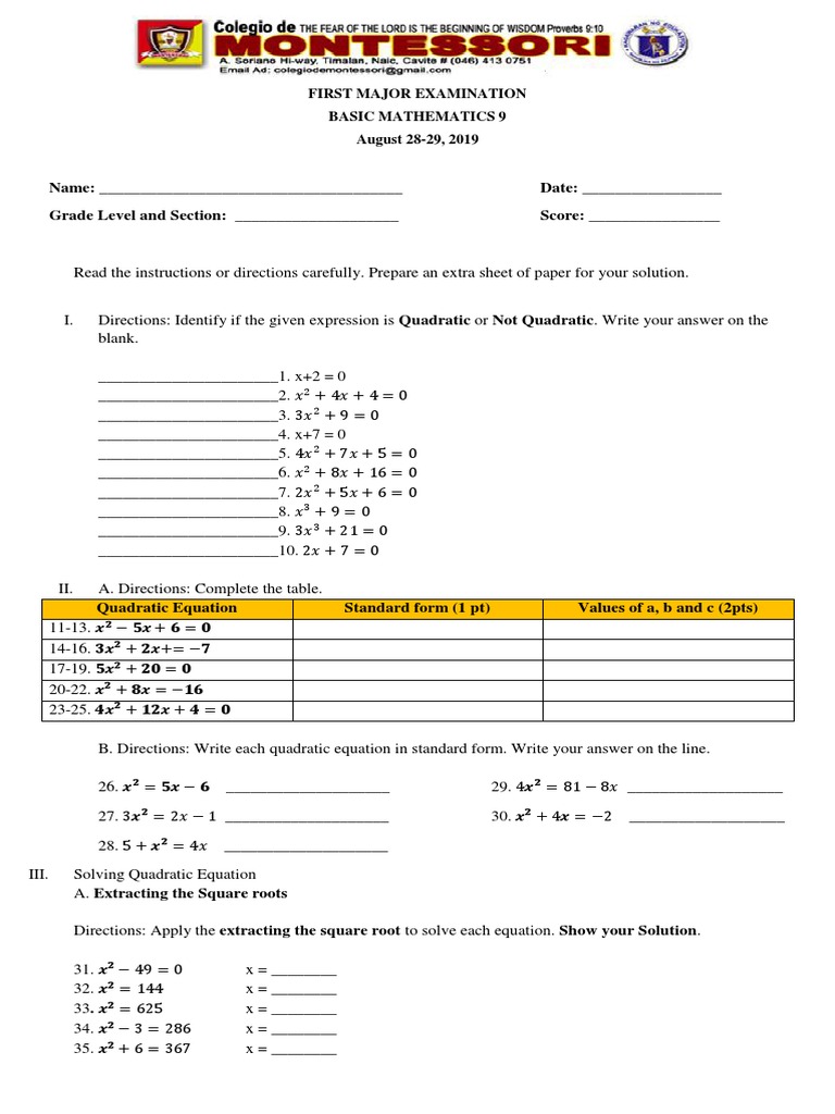 Math Exam | PDF | Quadratic Equation | Equations
