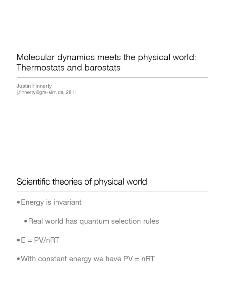 Molecular Dynamics Meets The Physical World: Thermostats and Barostats | PDF | Molecular ...
