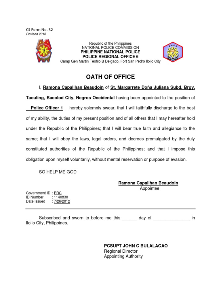 Oath Of Office Form For New Police Officer Pdf