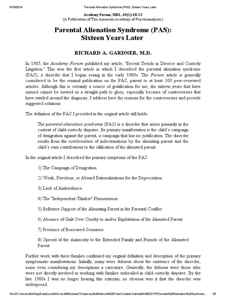 Parental Alienation Syndrome (PAS) : Sixteen Years Later: Richard A ...
