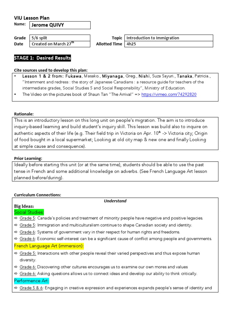 STAGE 1: Desired Results: VIU Lesson Plan Jerome QUIVY | PDF ...