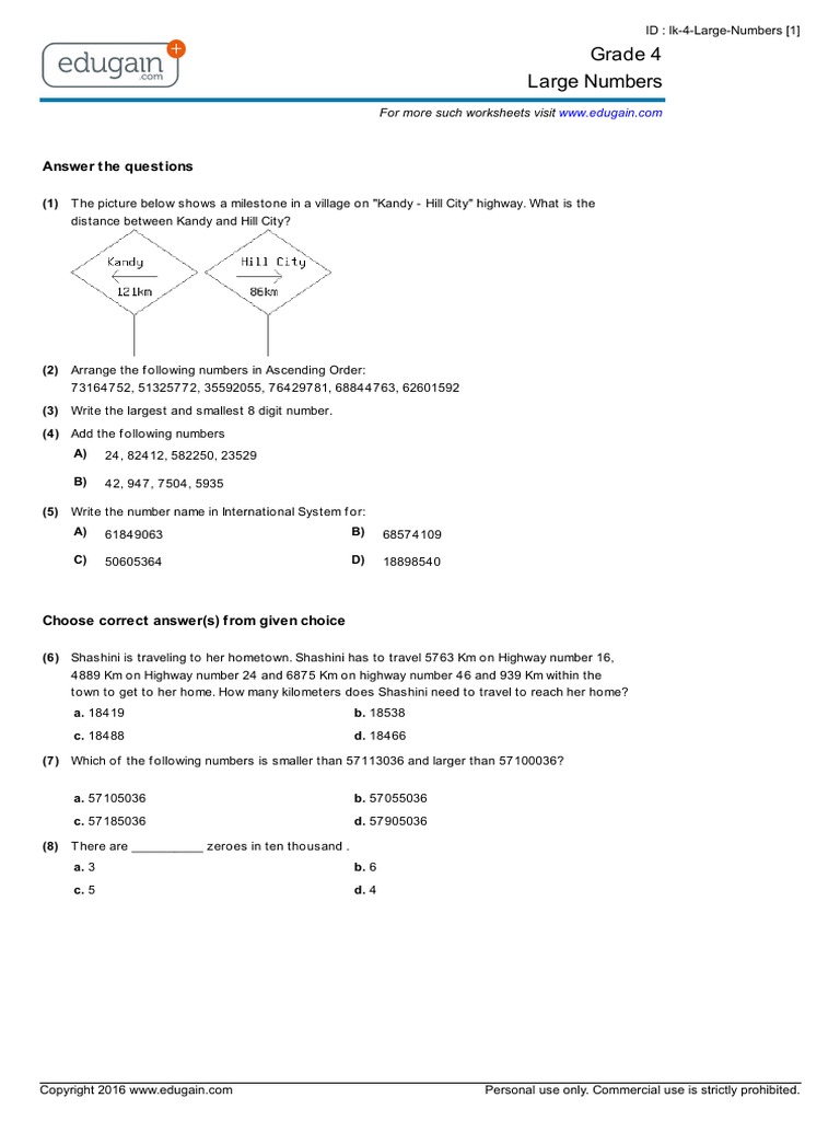 Grade 4 Large Numbers: Answer The Questions | PDF | Teaching Mathematics