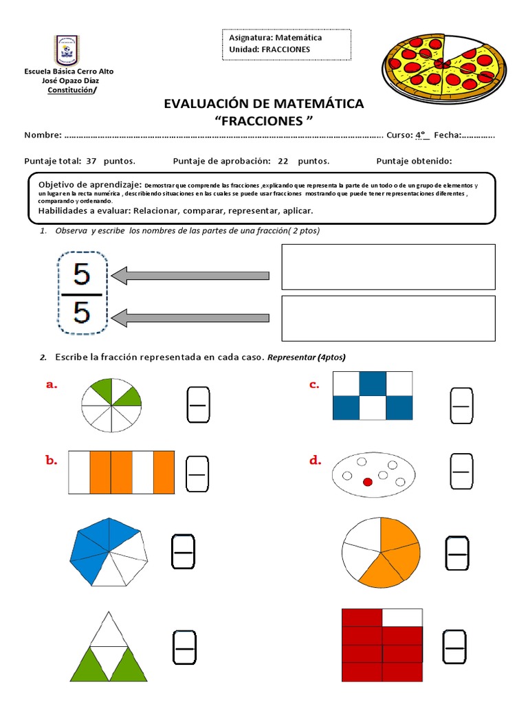 Prueba Fracciones 1 | PDF | Fracción (Matemáticas) | Enseñanza de ...