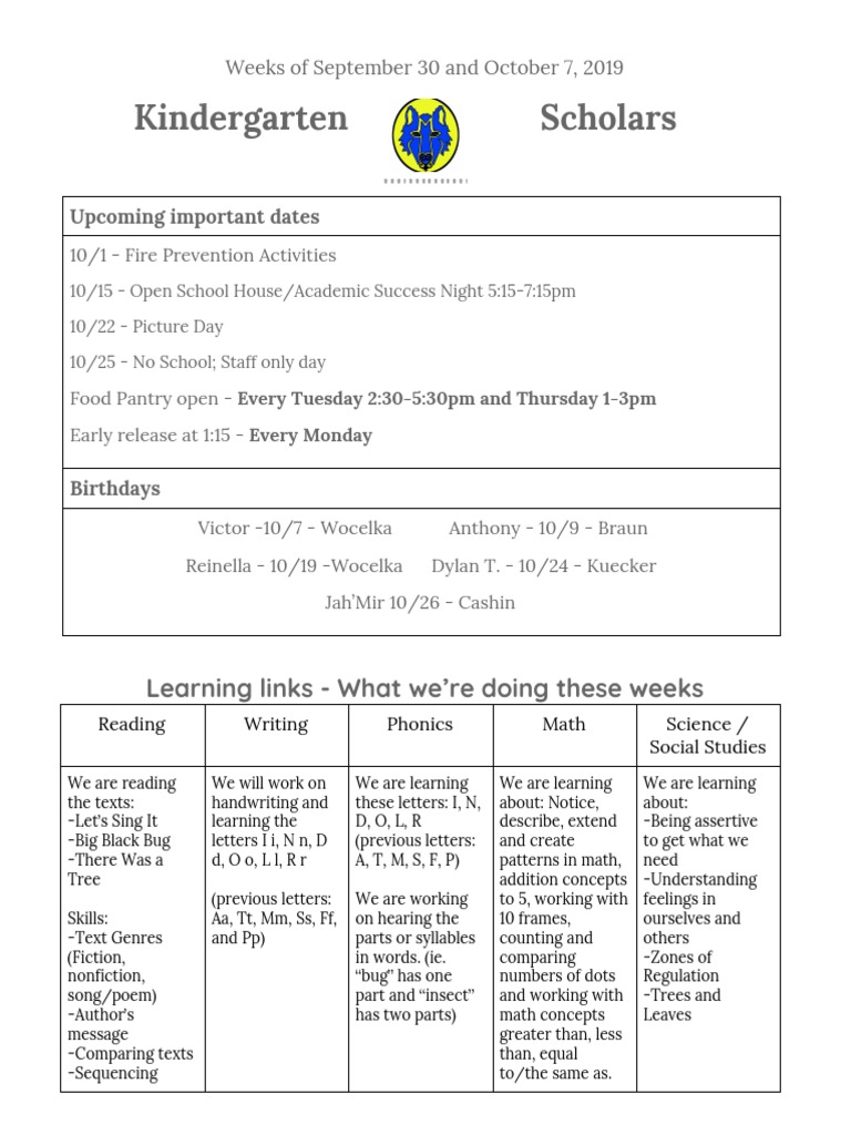Kindergarten Activities: Oct 2019 Schedule | PDF | Cognition | Writing