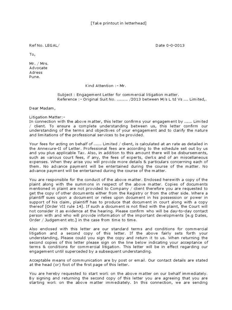 Advocate Engagement Letter | Lawsuit | Lawyer