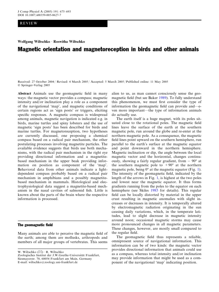 Magnetic Orientation and Magnetoreception in Birds and Other Animals ...