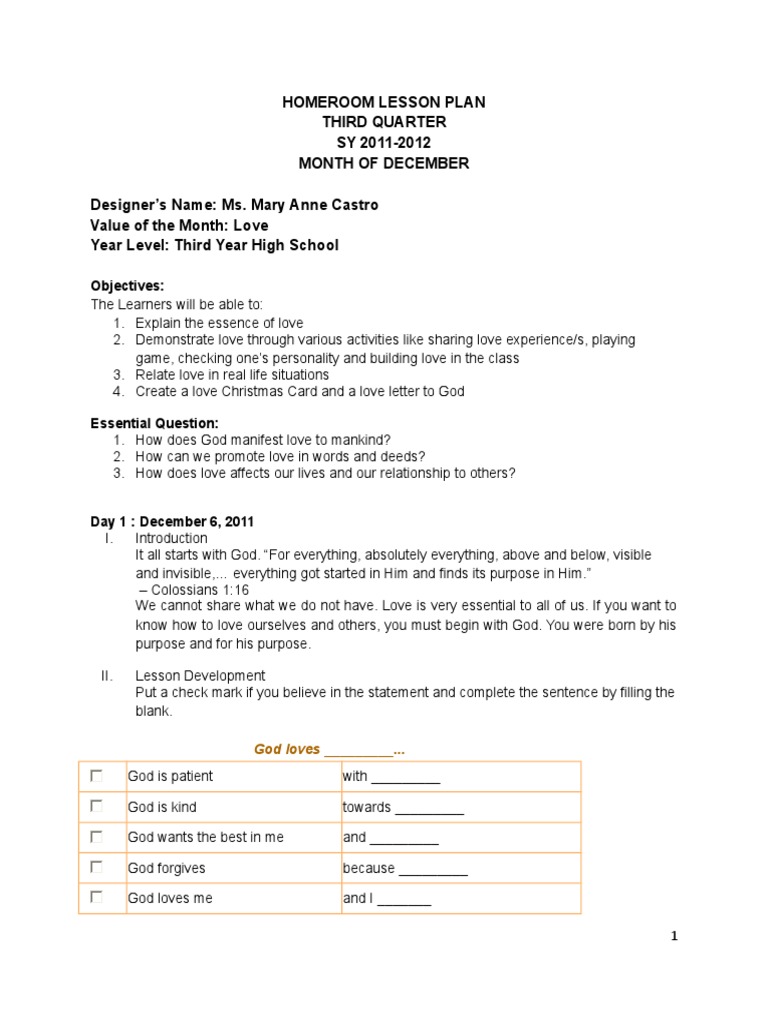Homeroom Lesson Plan About Love | PDF | Christmas | Love