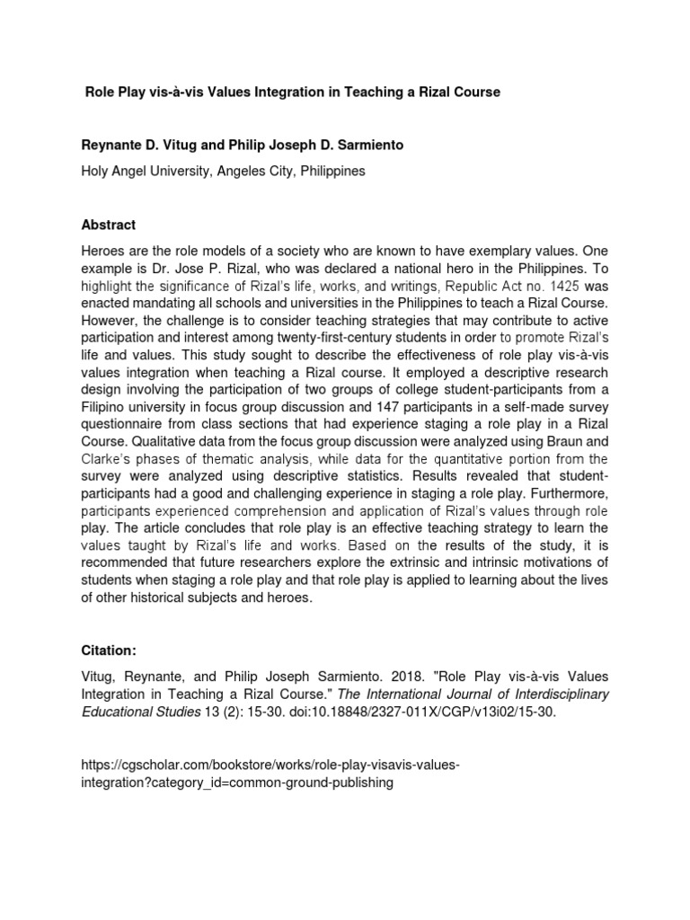 Role Play Vis-À-Vis Values Integration in Teaching A Rizal Course | PDF