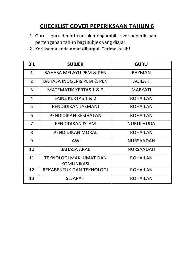 Checklist Cover Peperiksaan 2019 | PDF