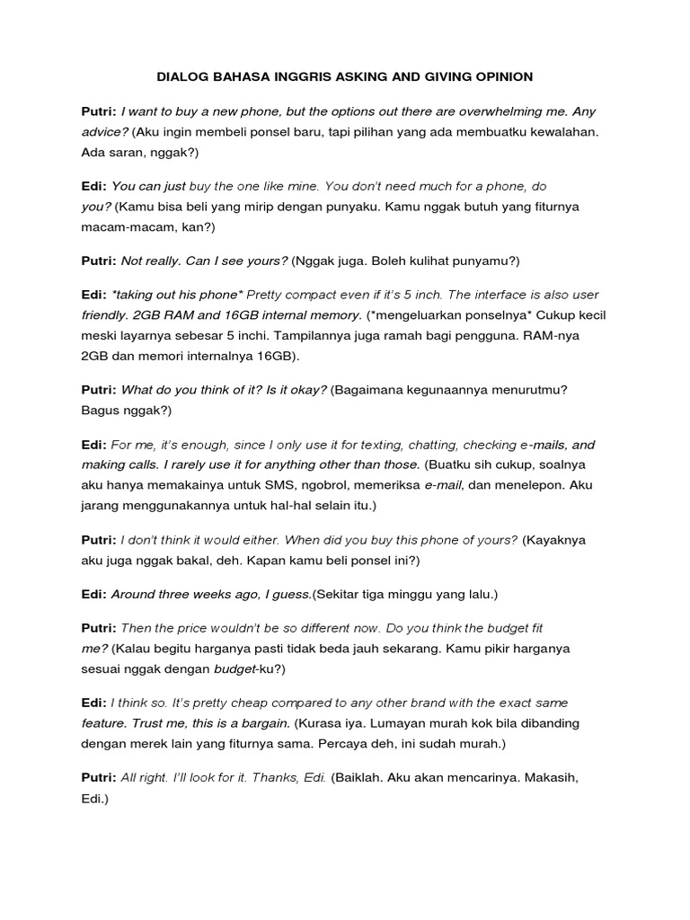 Dialog Bahasa Inggris Asking and Giving Opinion | PDF