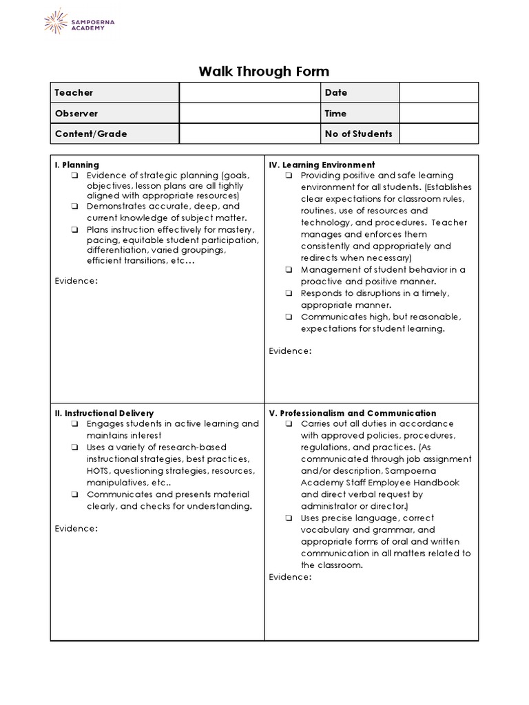 Walk Through Form Final PDF | PDF | Educational Assessment | Teachers