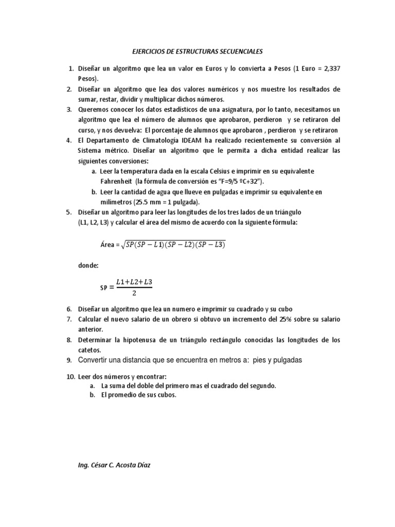 Ejercicios de Estructuras Secuenciales | PDF