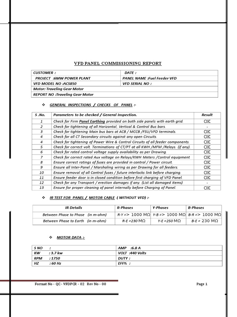VFD Commissioning Format | PDF | Fuse (Electrical) | Direct Current