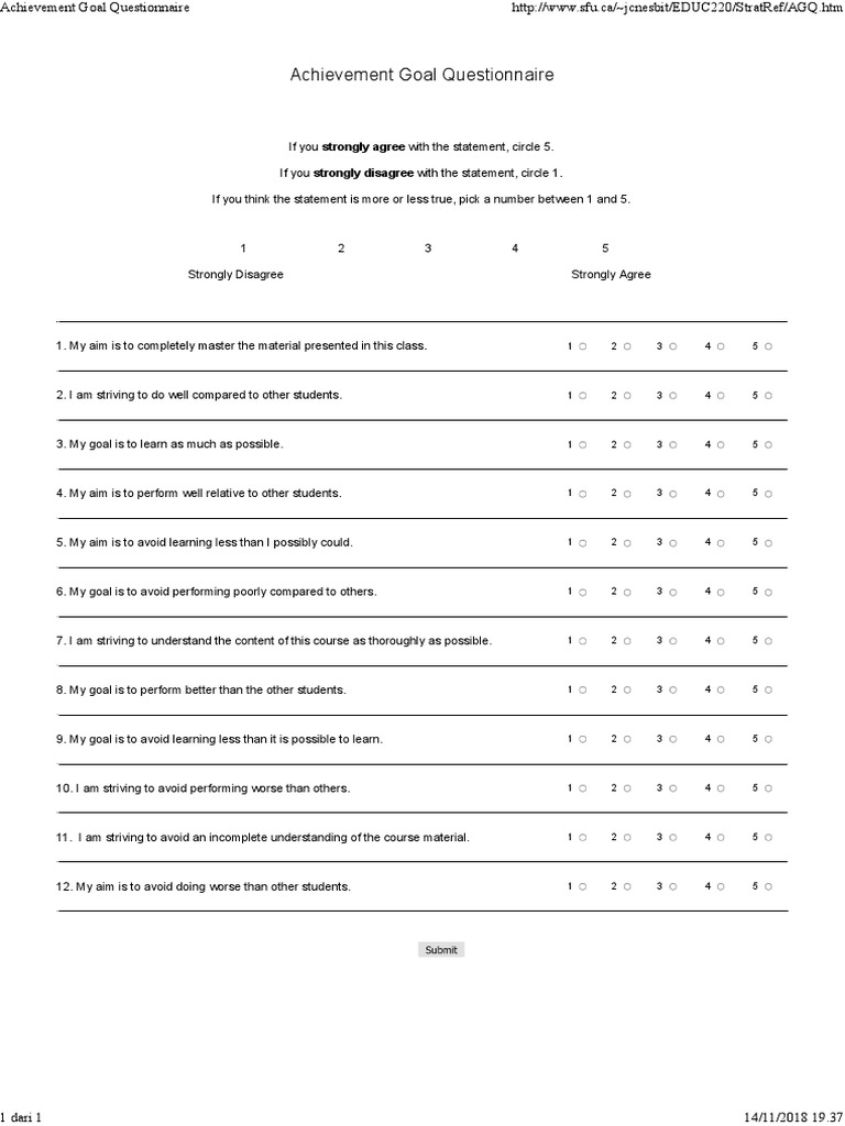 Achievement Goal Questionnaire | PDF | Behavioural Sciences | Cognitive ...