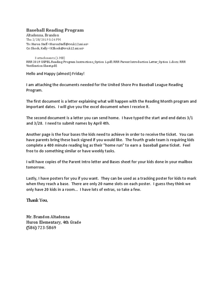 Baseball Reading Program To Staff | PDF | Career & Growth | Politics