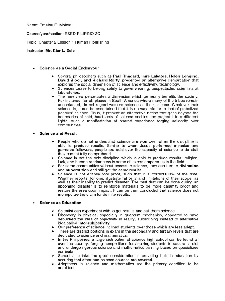 Emalou Moleta STS Chapter 2 Lesson 1 Human Flourishing | PDF ...