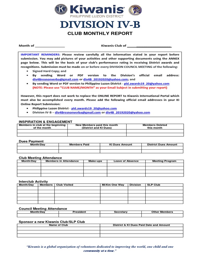 Kiwanis Club Monthly Report Format | Business