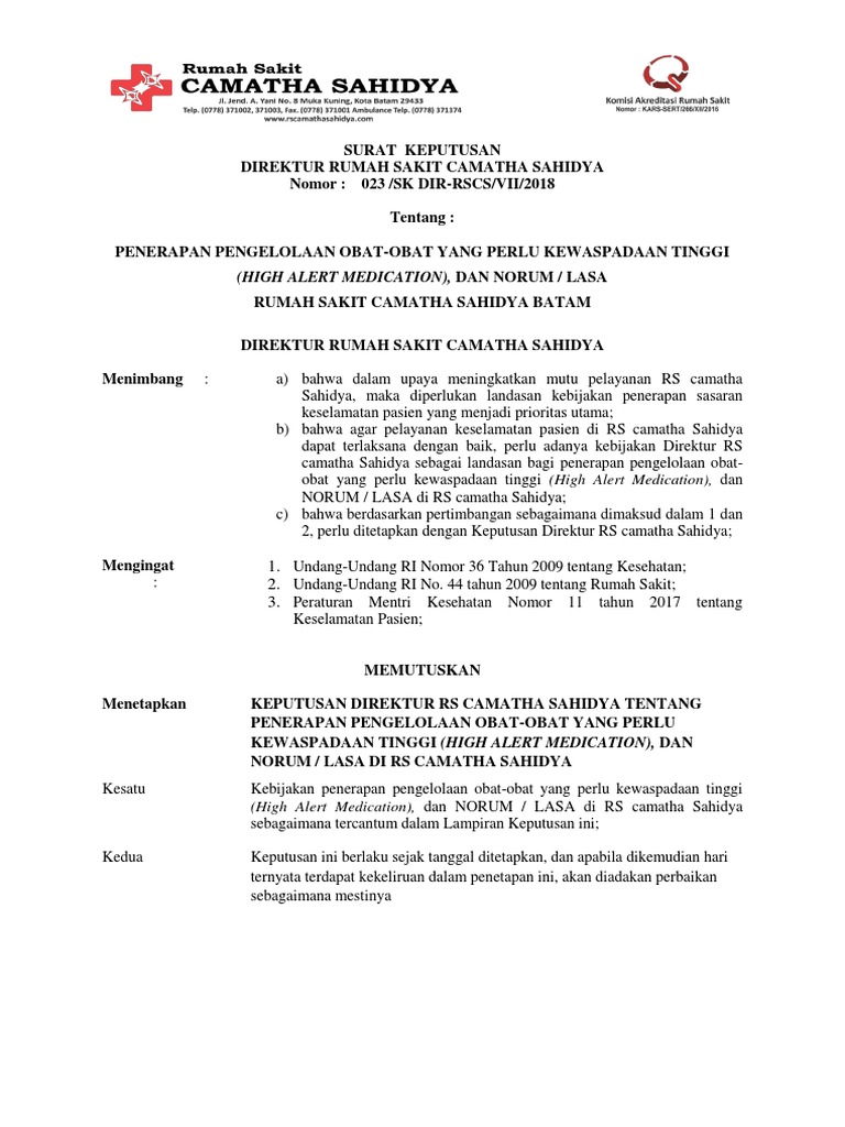 STANDAR OPERASIONAL PROSEDUR PENGELOLAAN OBAT YANG PERLU KEWASPADAAN ...