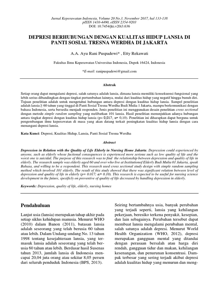 Hubungan Depresi dan Kualitas Hidup Lansia di Panti Sosial | PDF