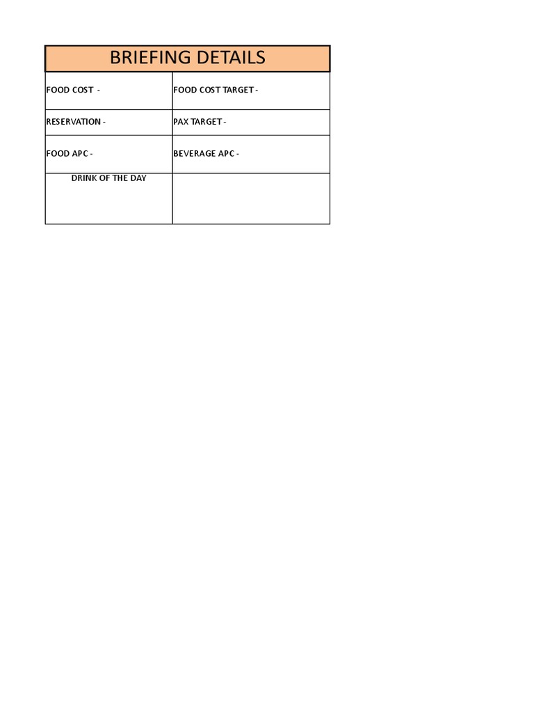 Briefing Details: Food Cost - Food Cost Target - Reservation - Pax ...