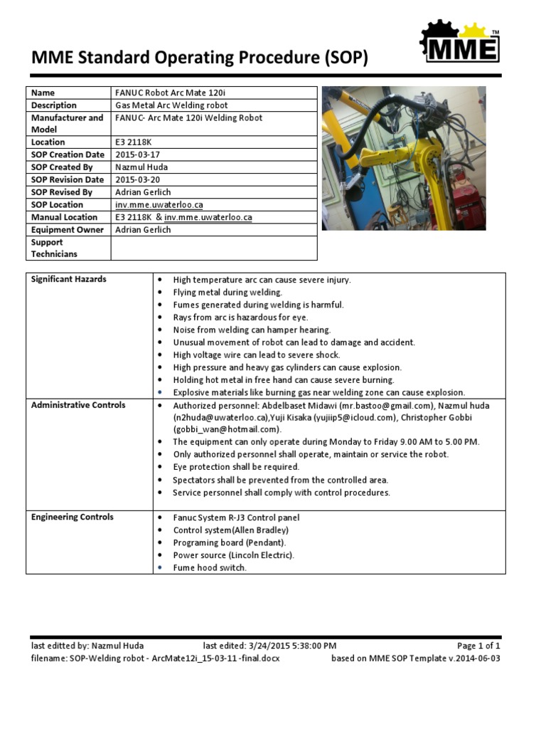 FANUC Welding Robot SOP | PDF | Emergency Department | Welding