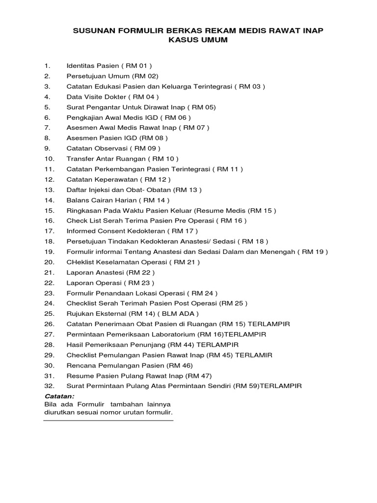 Susunan Formulir Berkas Rekam Medis Rawat Inap | PDF