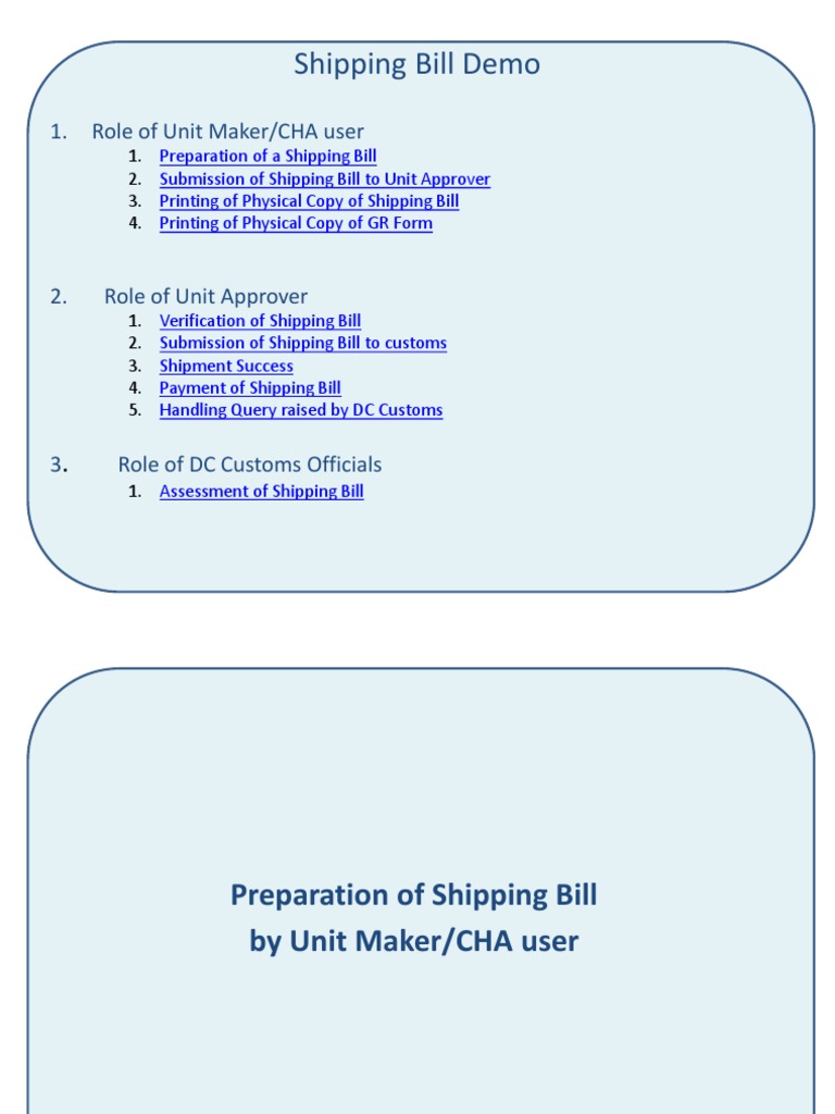 Shipping Bill Demo: 1. Role of Unit Maker/CHA User | PDF | Invoice ...