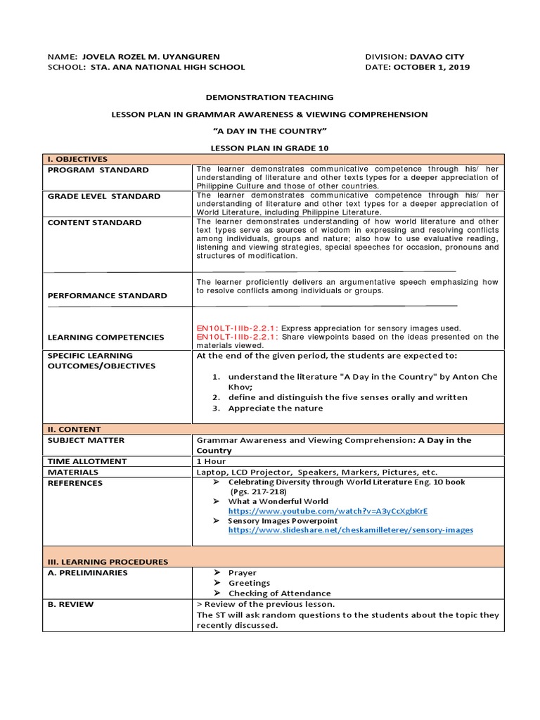 Lesson Plan: A Day in the Country | PDF | Mental Image | Educational ...