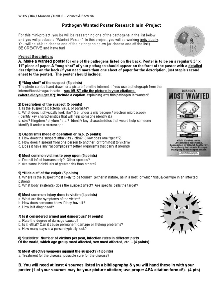 Pathogen Wanted Poster Project Guide | PDF | Pathogen | Infection