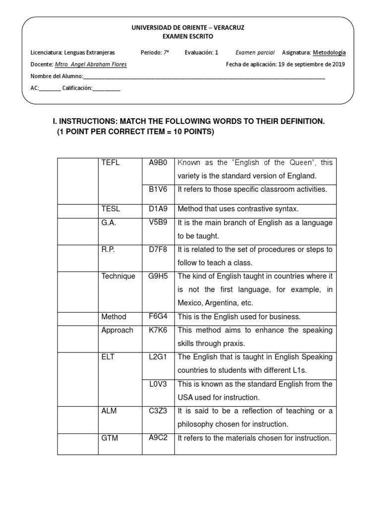 I. Instructions: Match The Following Words To Their Definition. (1 ...