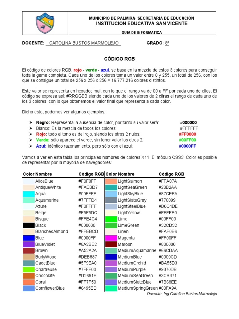 Guía sobre el código de colores RGB y la tabla de colores X11 | PDF ...