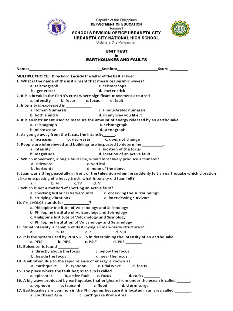 Earthquakes and Faults Unit Test | PDF | Earthquakes | Tsunami
