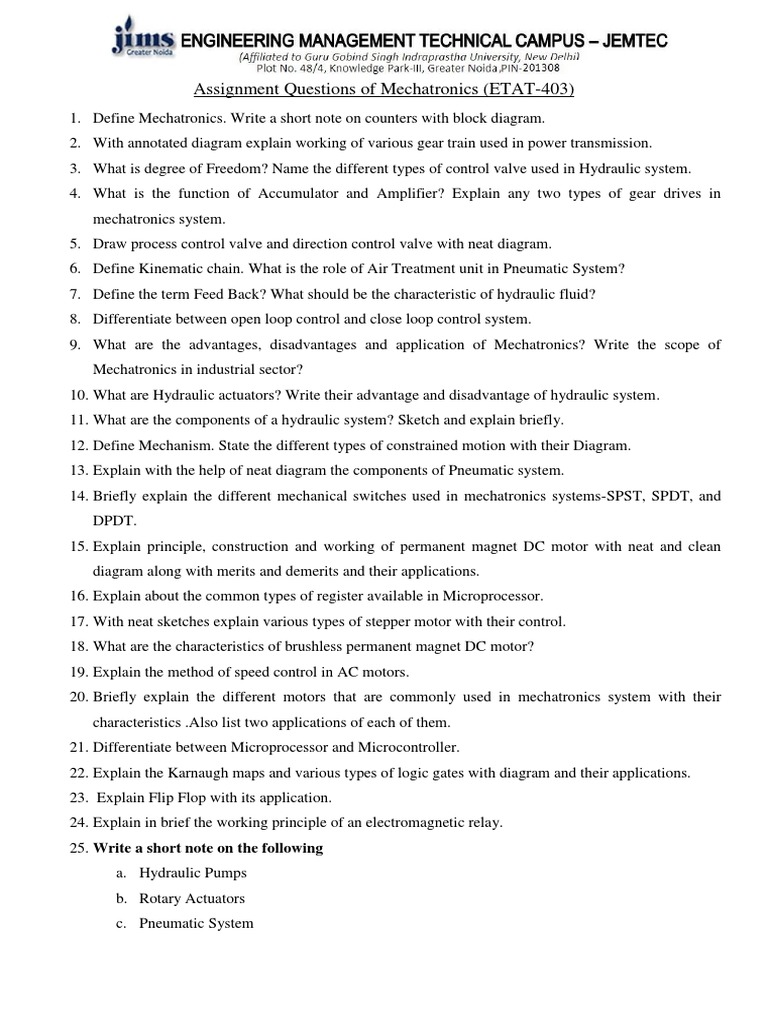 Assignment Questions of Mechatronics (ETAT-403) | PDF