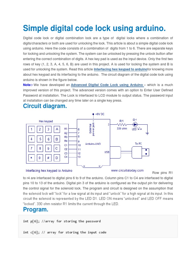 Simple Digital Code Lock Using Arduino.: Circuit Diagram | PDF | Arduino | Personal ...
