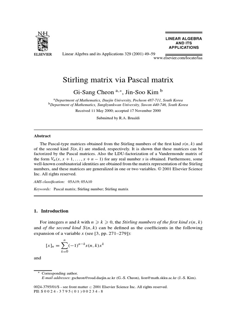 Stirling Matrix Via Pascal Matrix | PDF | Matrix (Mathematics) | Linear Algebra