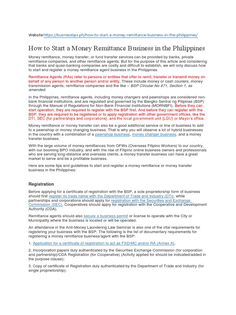How To Start A Money Remittance Business in The Philippines | PDF ...