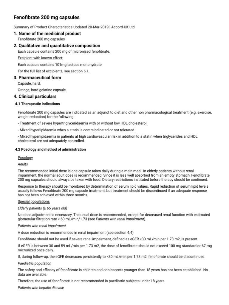 Fenofibrate 200 MG Capsules - Summary of Product Characteristics (SMPC ...