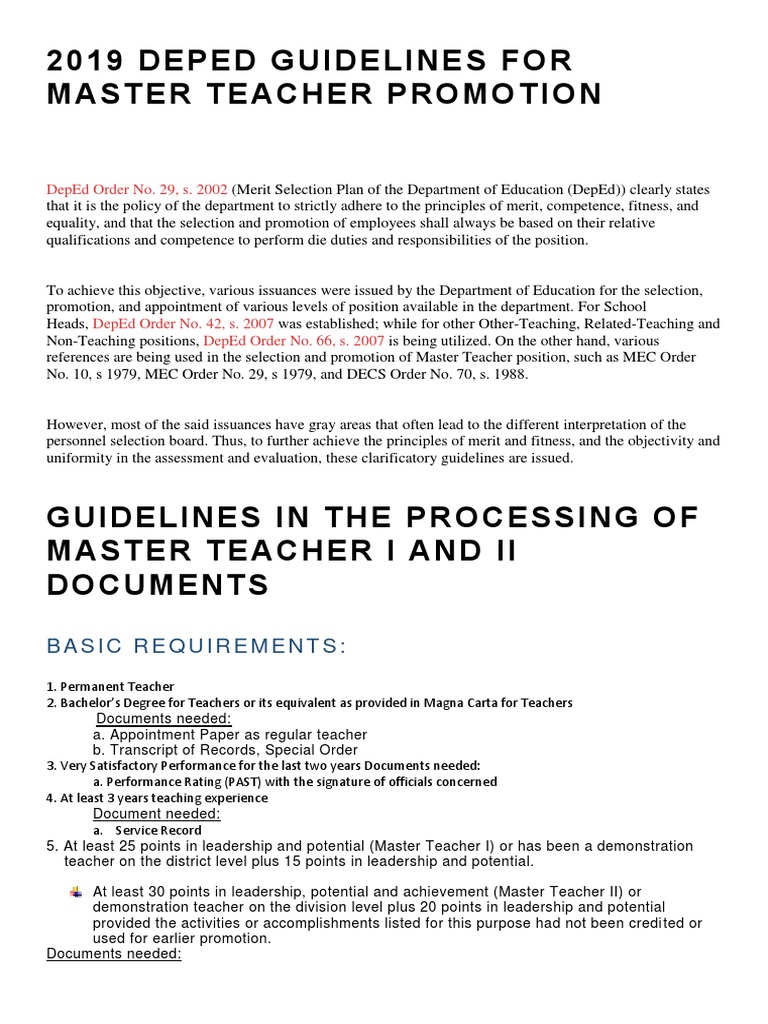2019 Deped Guidelines For Master Teacher Promotion | PDF | Teachers ...
