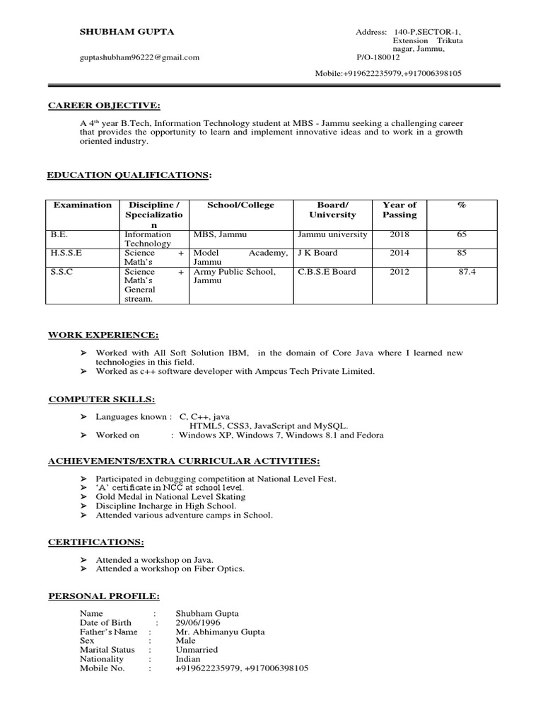 Shubham Resume PDF | PDF | Computing | Learning