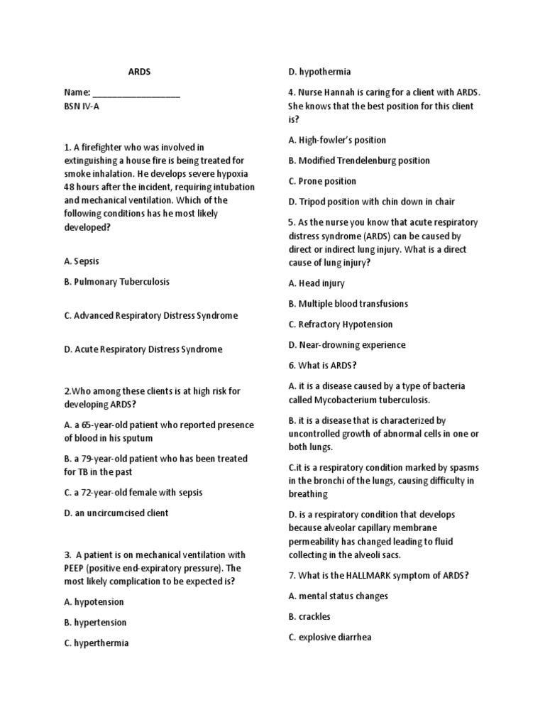 Ards Quiz 20 Items | PDF | Lung | Respiratory System