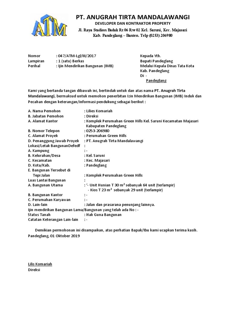 Surat Permohonan Penerbitan Imb Induk Dan Pecahan | PDF