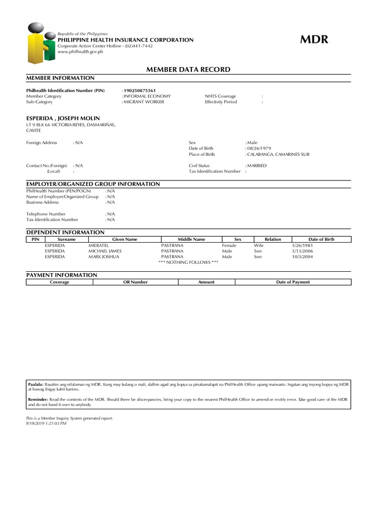 Member Data Record: Philippine Health Insurance Corporation | PDF ...