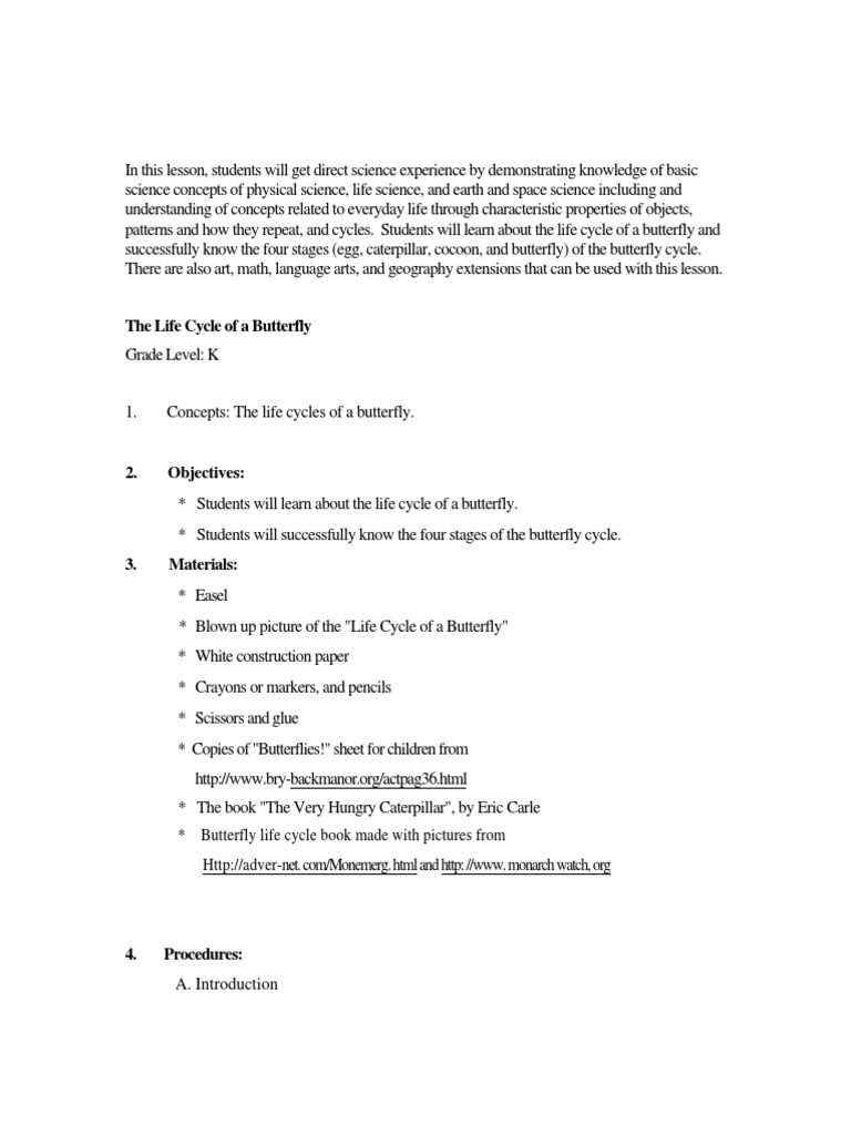 Butterfly Life Cycle Lesson Plan K-4 | PDF | Butterfly | Pupa